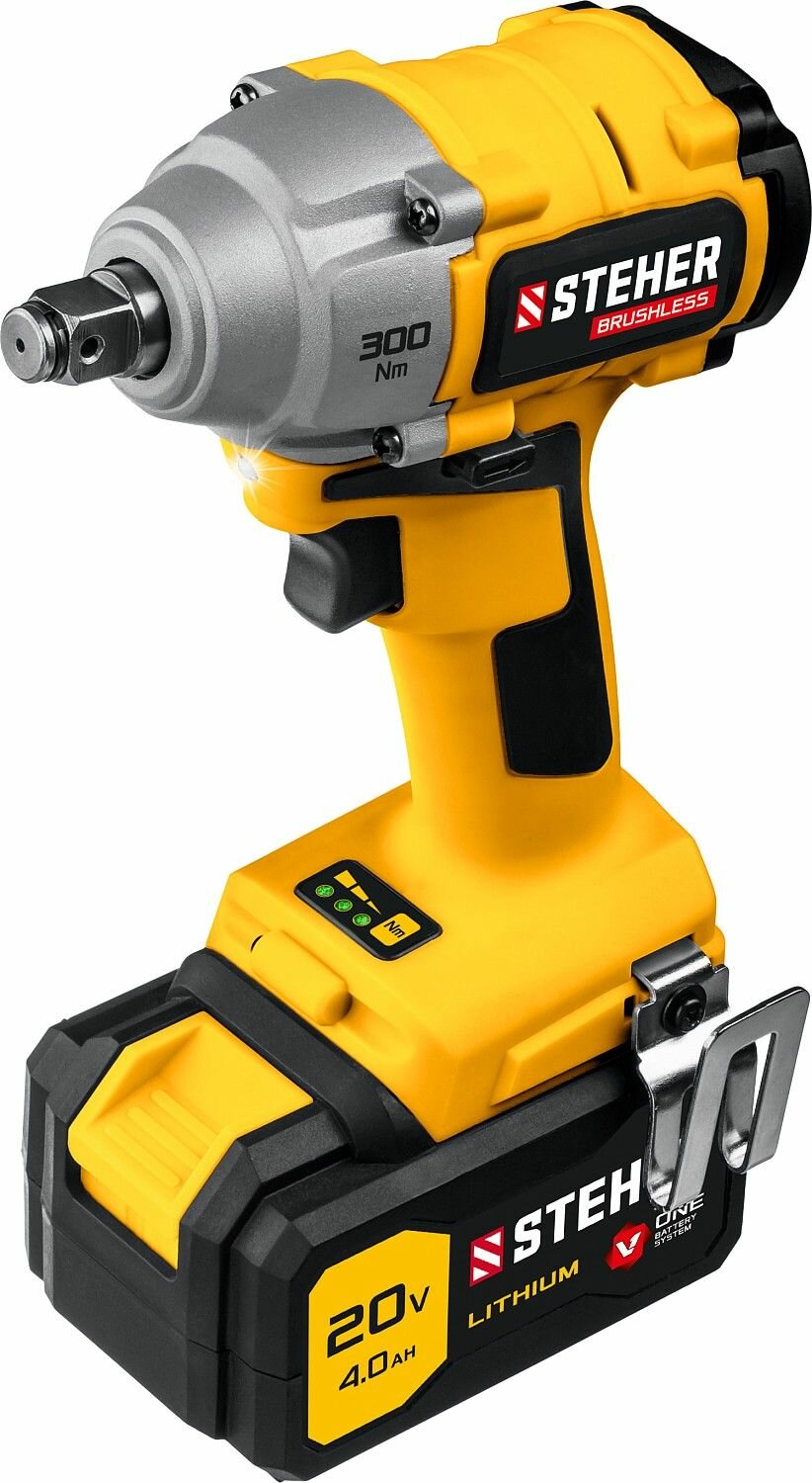 Гайковерт аккумуляторный STEHER V1, 20В, 300 Нм, 1 АКБ 4 Ач, бесщеточный, кейс