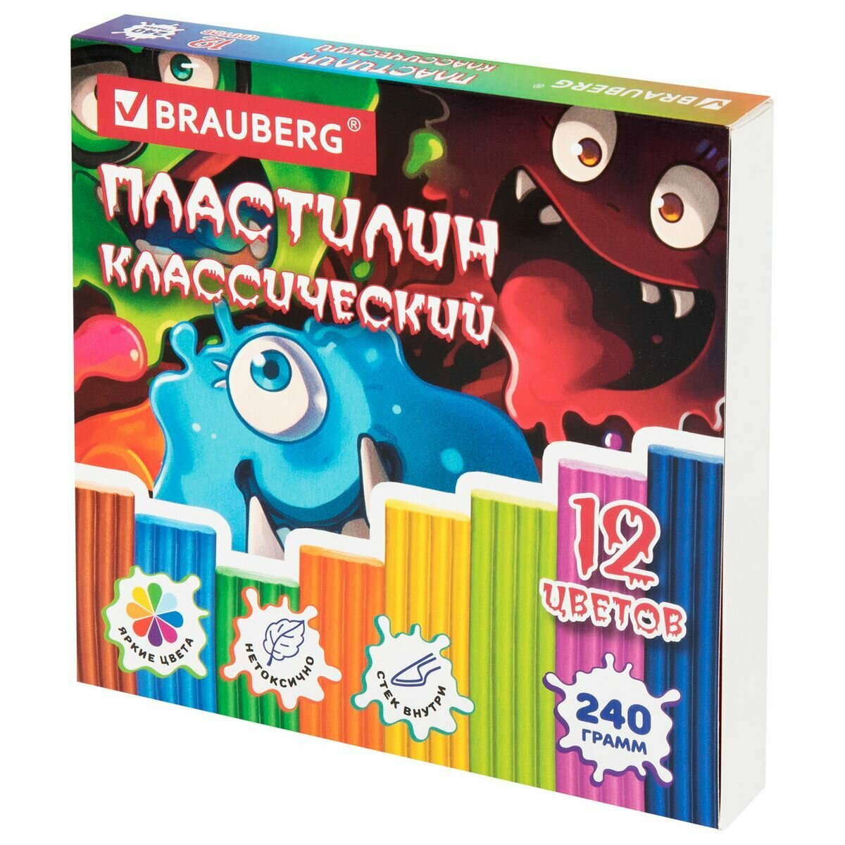 Пластилин 12 цветов Brauberg "Монстрики", 240г, со стеком (107356), 16 уп.