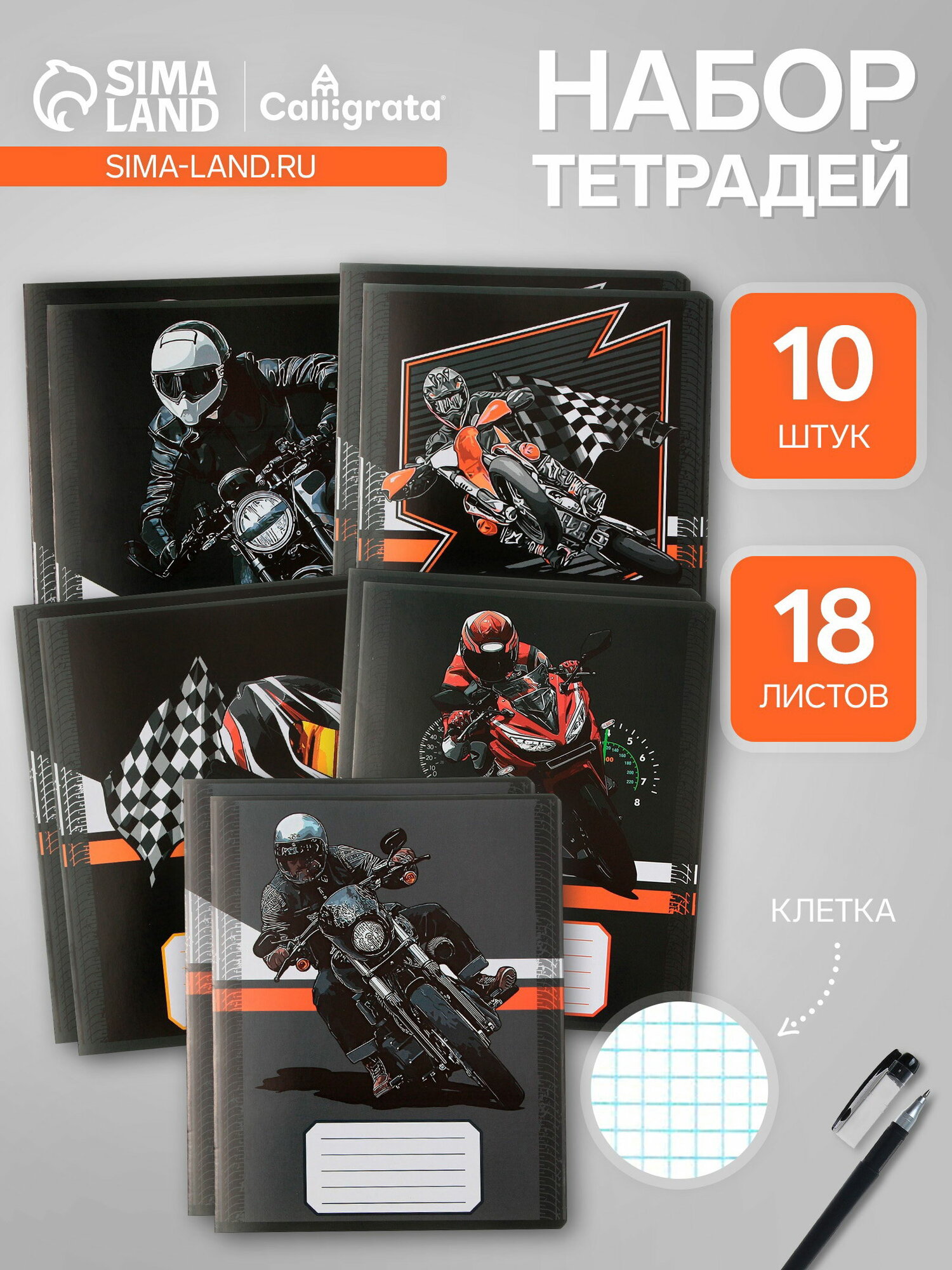 Тетради 10 штук, 18 листов в клетку Racing, обложка мелованная бумага, ВД-лак, блок офсет, 5 видов по 2 штуки