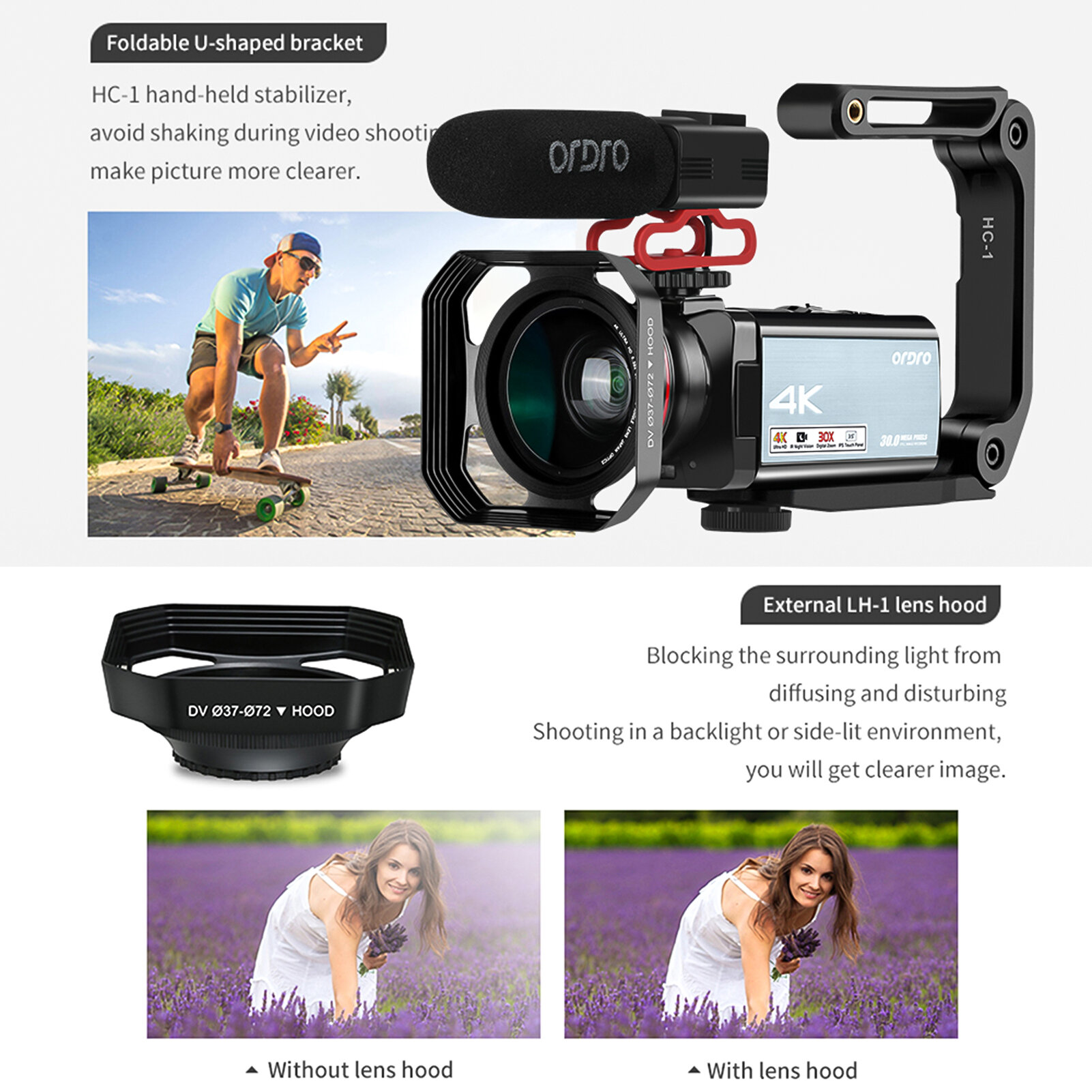 Цифровая видеокамера ORDRO HDR-AX10 4K, WiFi-видеокамера, DV-рекордер, 3,5-дюймовая сенсорная IPS-панель, 30 Мп, 30-кратный цифровой зум, распознавание лиц, ИК-подсветка ночного видения, система стабилизации изображения