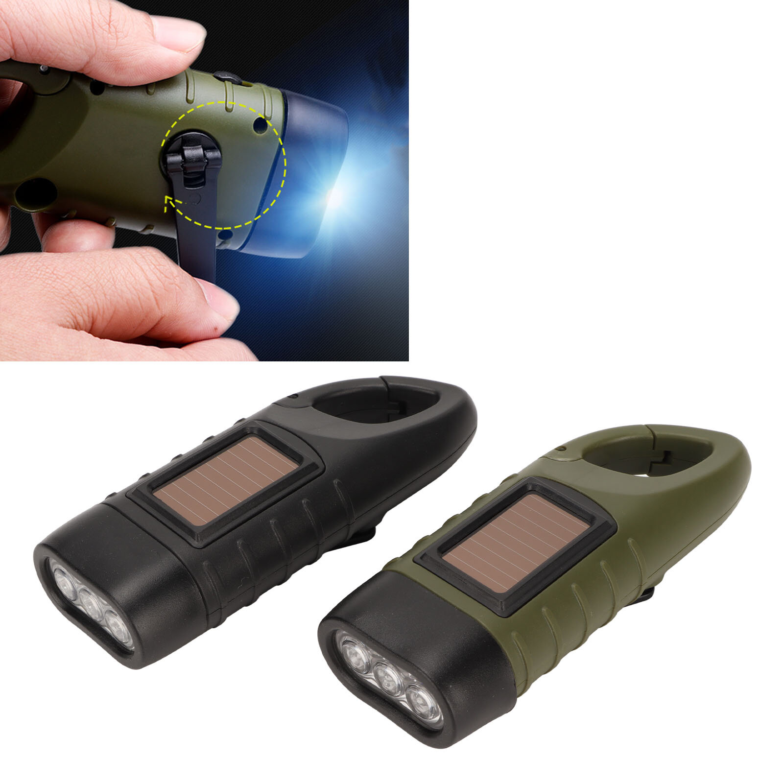 2pcs Фонарик LED Перезаряжаемый С ручным краном и солнечной панелью Для чрезвычайных ситуаций Выживания Настольных видов спорта Туризма Материал ABS 3 Белые F5 LED Яркость 10000mcd Встроенный карабинер