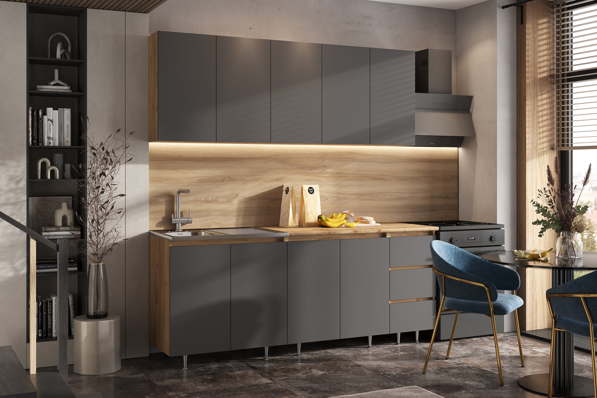 Кухонный гарнитур прямой Нонтон Челси, 200 см, графит / дуб крафт белый / дуб вотан