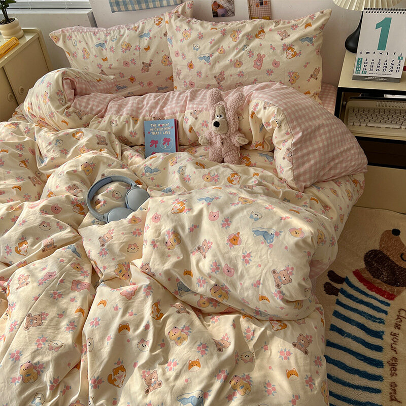 Комплект из четырех простыней из стираного хлопка с милым рисунком (класс А), осеннее постельное белье, пододеяльник для студенческого общежития, комплект из трех предметов,180*220cm