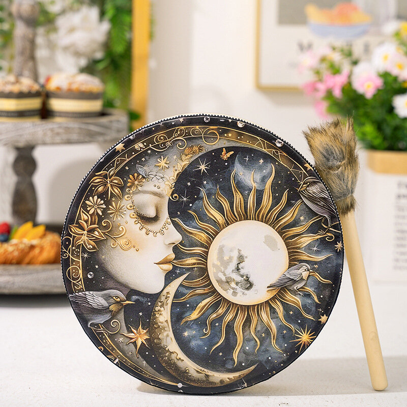 Шаманский бубен, декоративный барабан диаметром 25 см, солнце и луна с одинаковым рисунком