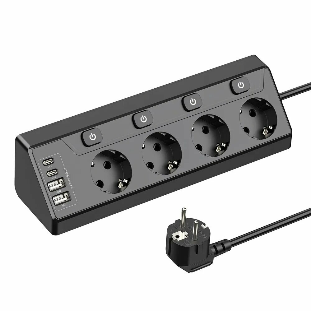 HITRENDS Сетевой фильтр, угловая розетка с разъемами 4AC, 2Usb и 2Type-C, независимый выключатель, с выдвижным кольцом, кабель 1,5 мм2 (2 м), черный