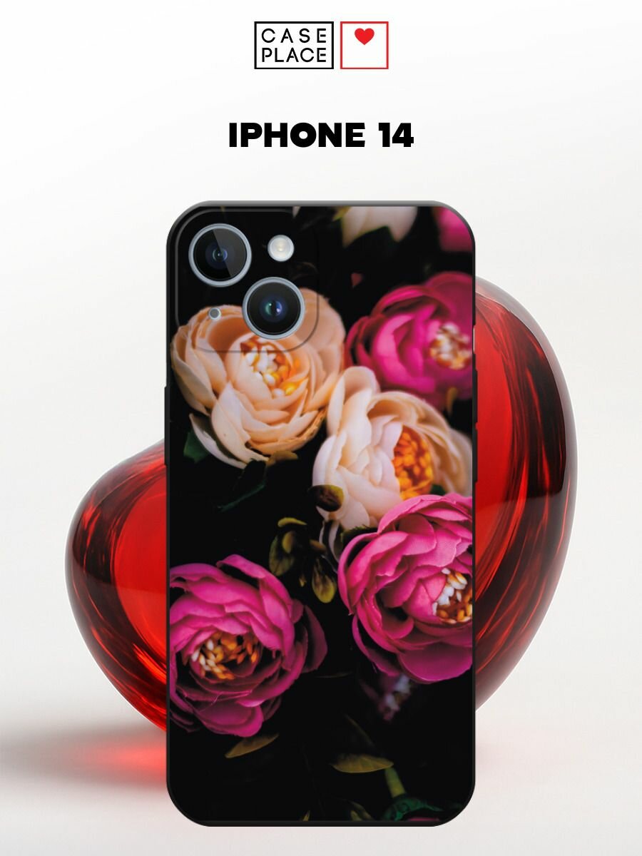Черный матовый чехол на Apple iPhone 14 / Айфон 14 с принтом Бордовые пионы