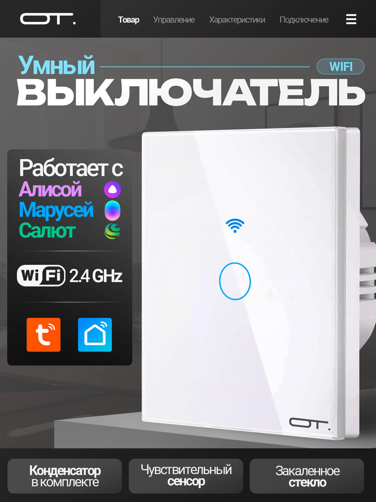 Умный выключатель с Алисой одноклавишный Wi-Fi 10A Орбита OT-HOS12