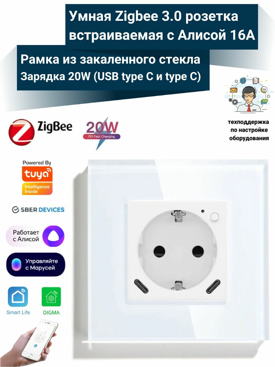 Умная розетка встраиваемая с Алисой 16А Tuya Zigbee 3.0 с (USB type C и type C) быстрая USB зарядка 20W