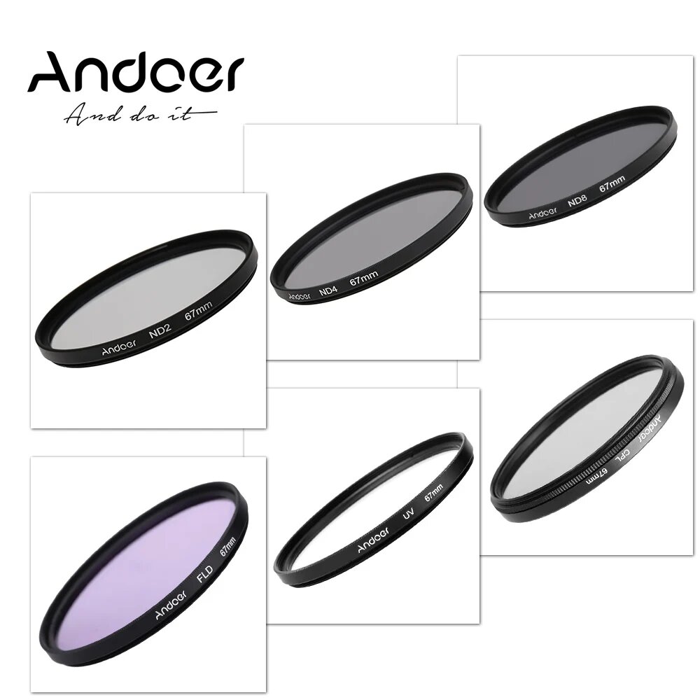 Набор фильтров Andoer 67 мм UV+CPL+FLD+ND (ND2 ND4 ND8)