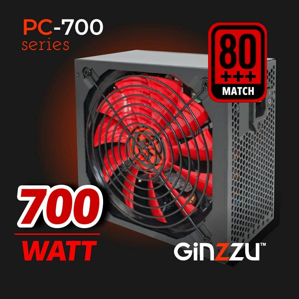 Блок питания Ginzzu PC700 14CM(Red) 80 PLUS black, APFC,24+4p,2 PCI-E(6+2), 7*SATA, 4*IDE, оплетка, кабель питания