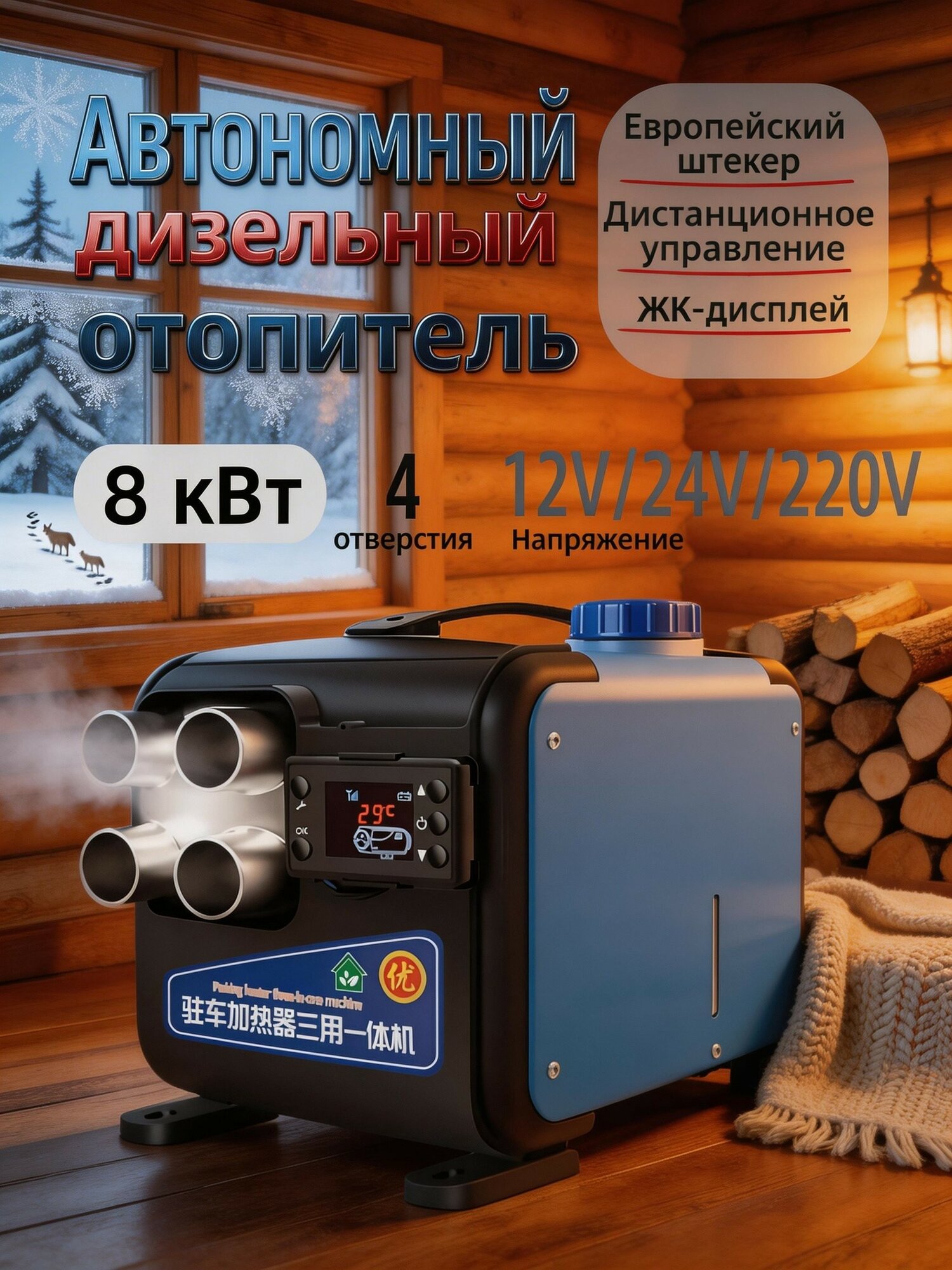Автономный отопитель 12/24/220В, 8000 Вт дизель с пультом дистанционного управления и комплектом монтажа