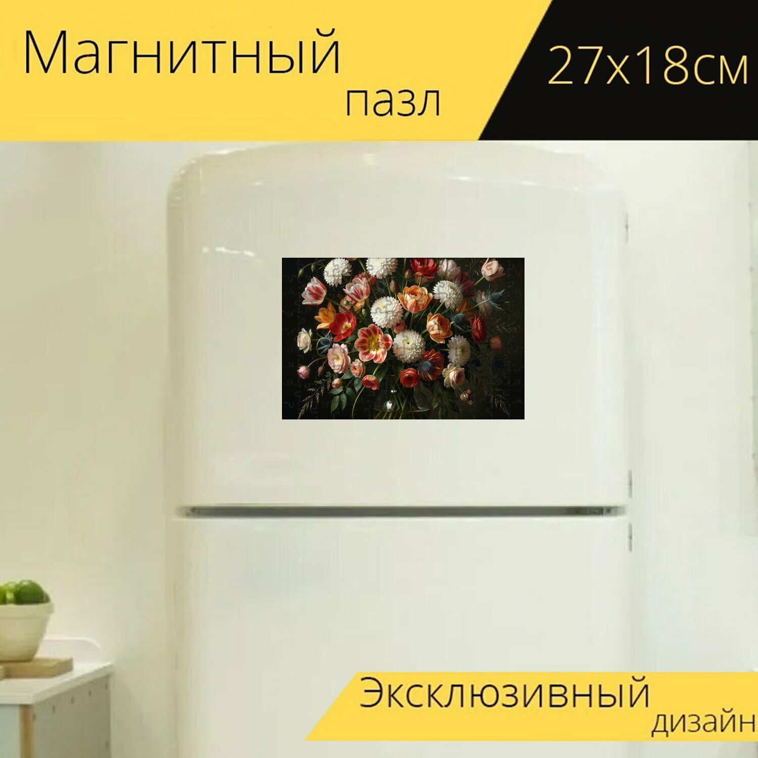 Магнитный пазл "Роскошный букет весенних цветов. Натюрморт с пышной композицией в стеклянной вазе на темном фоне: тюльпаны, ранункулюсы, хризантемы." на холодильник 27 x 18 см.