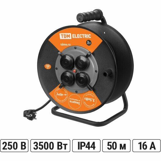 Удлинитель силовой Tdm Electric УХз16-004 (метал. катушка, А3, 4 места IP44/50м КГ 3х1,5), SQ1301-0162