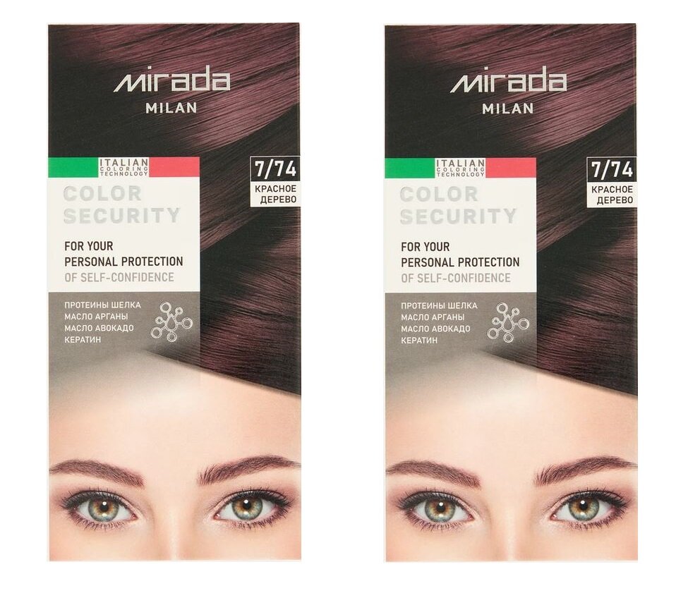 Краска для волос MIRADA Color Security с протеинами шелка, кератином, арганой, авокадо, красное дерево 7.74 - 2 штуки