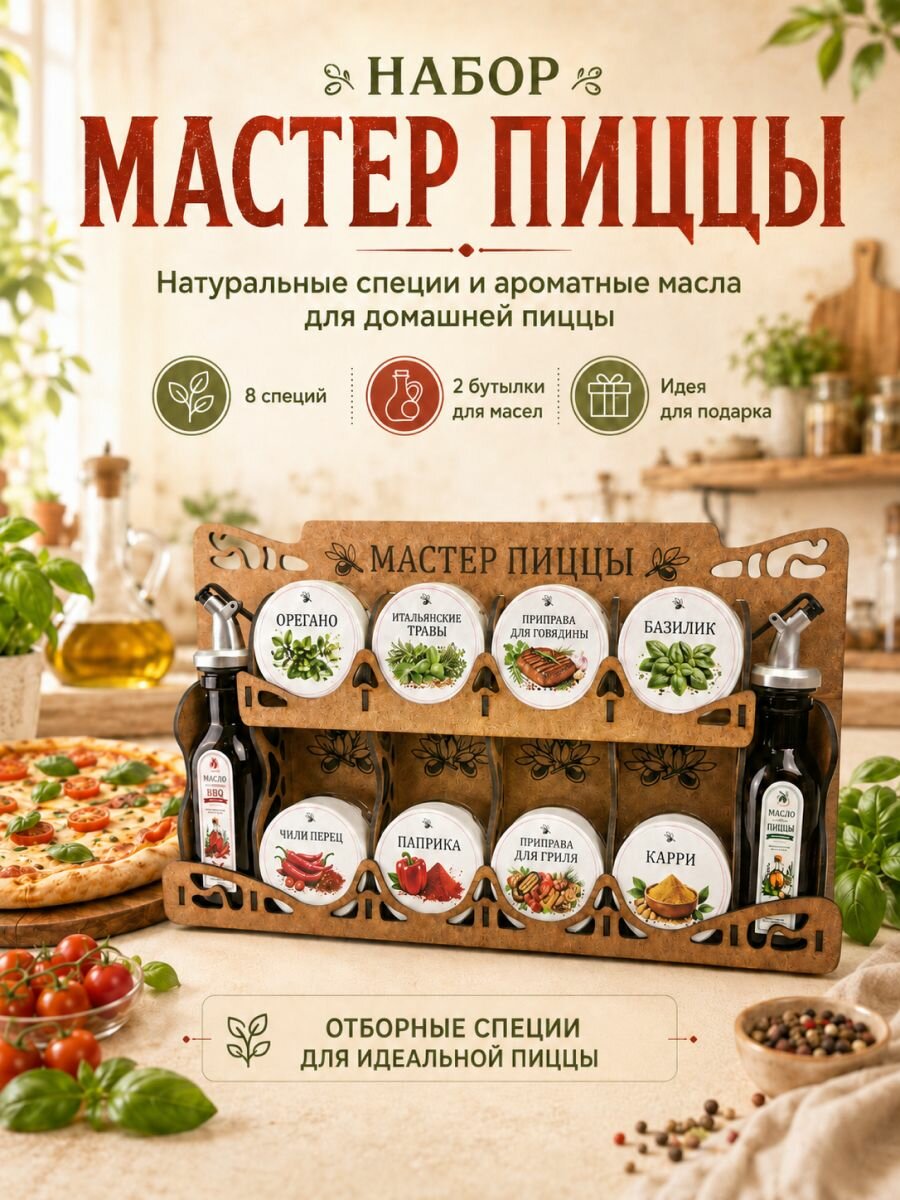 Набор специй подарочный для пиццы, специи и бутылки под масло на подставке, 8 шт / Подарок женщине и мужчине