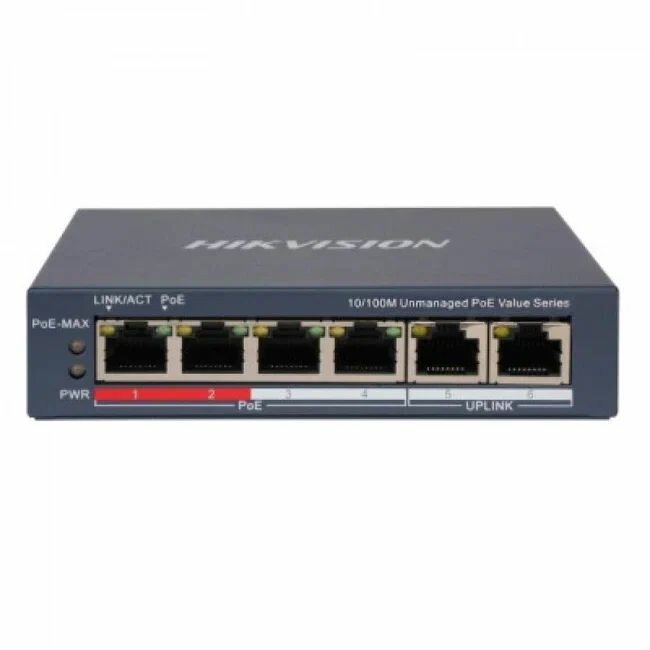 Коммутатор Hikvision DS-3E0106P-E/M(B), 4 100 Мбит/с PoE + 2 100 Мбит/с, неуправляемый