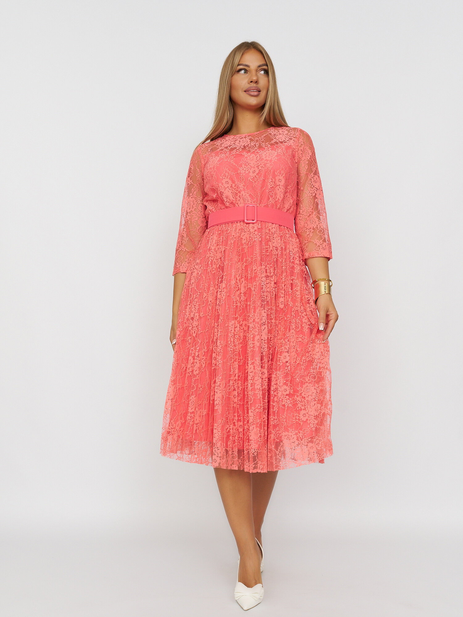 Платье женское BrandStoff, вечернее, праздничное, кружевное, нарядное, коралловый, 50