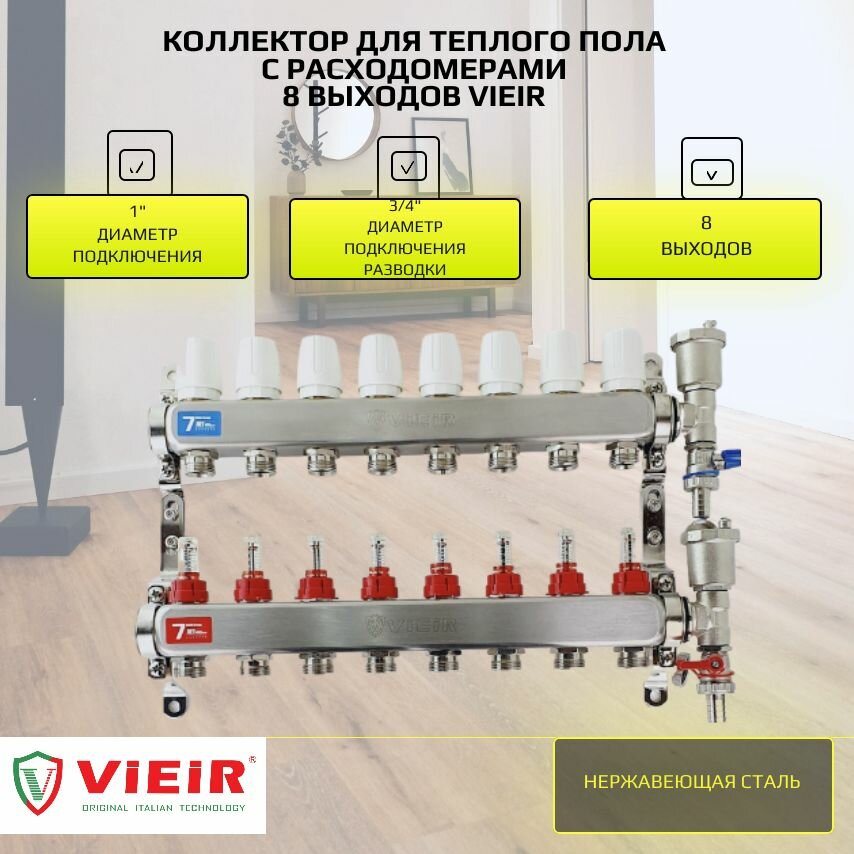 Коллекторная группа с расходомерами 8 выходов ViEiR, нержавейка