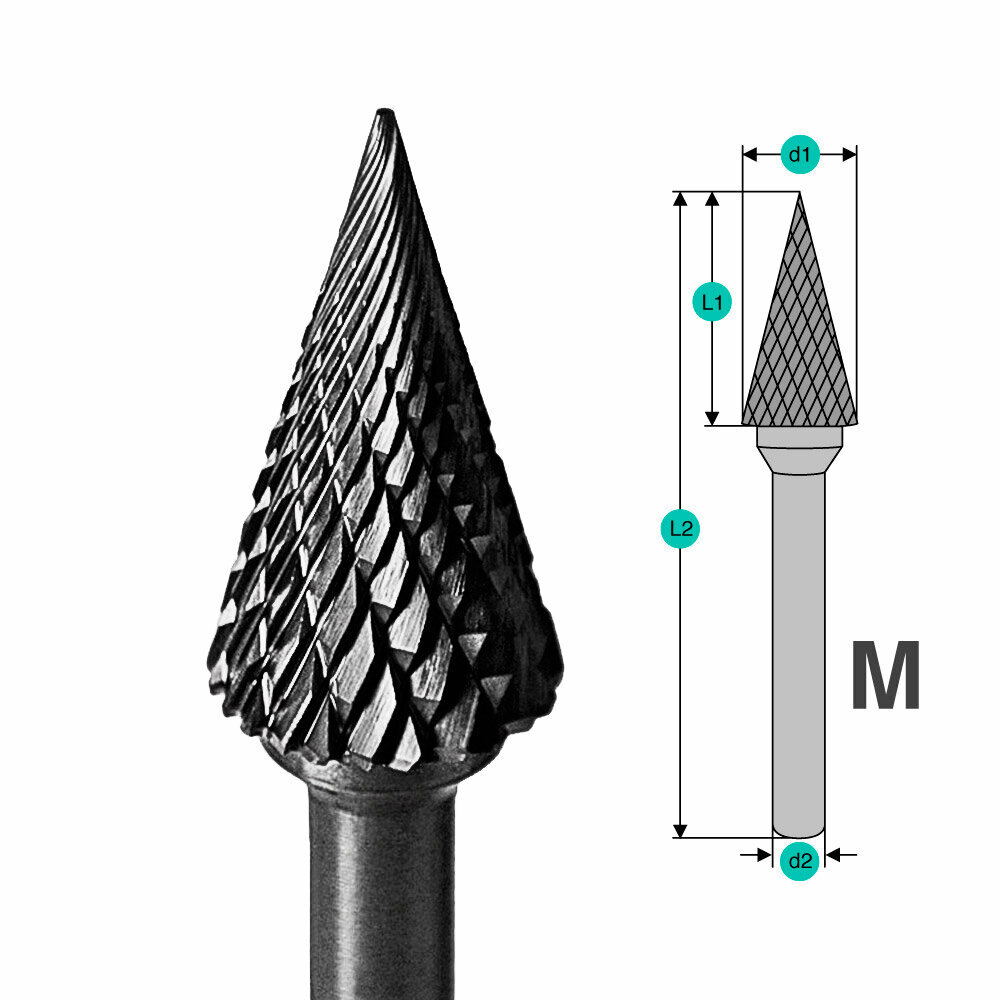 Бор-фреза (шарошка) твердосплавная по металлу коническая с заостренным концом, тип m, 14x25x6 мм TORGWIN T693171