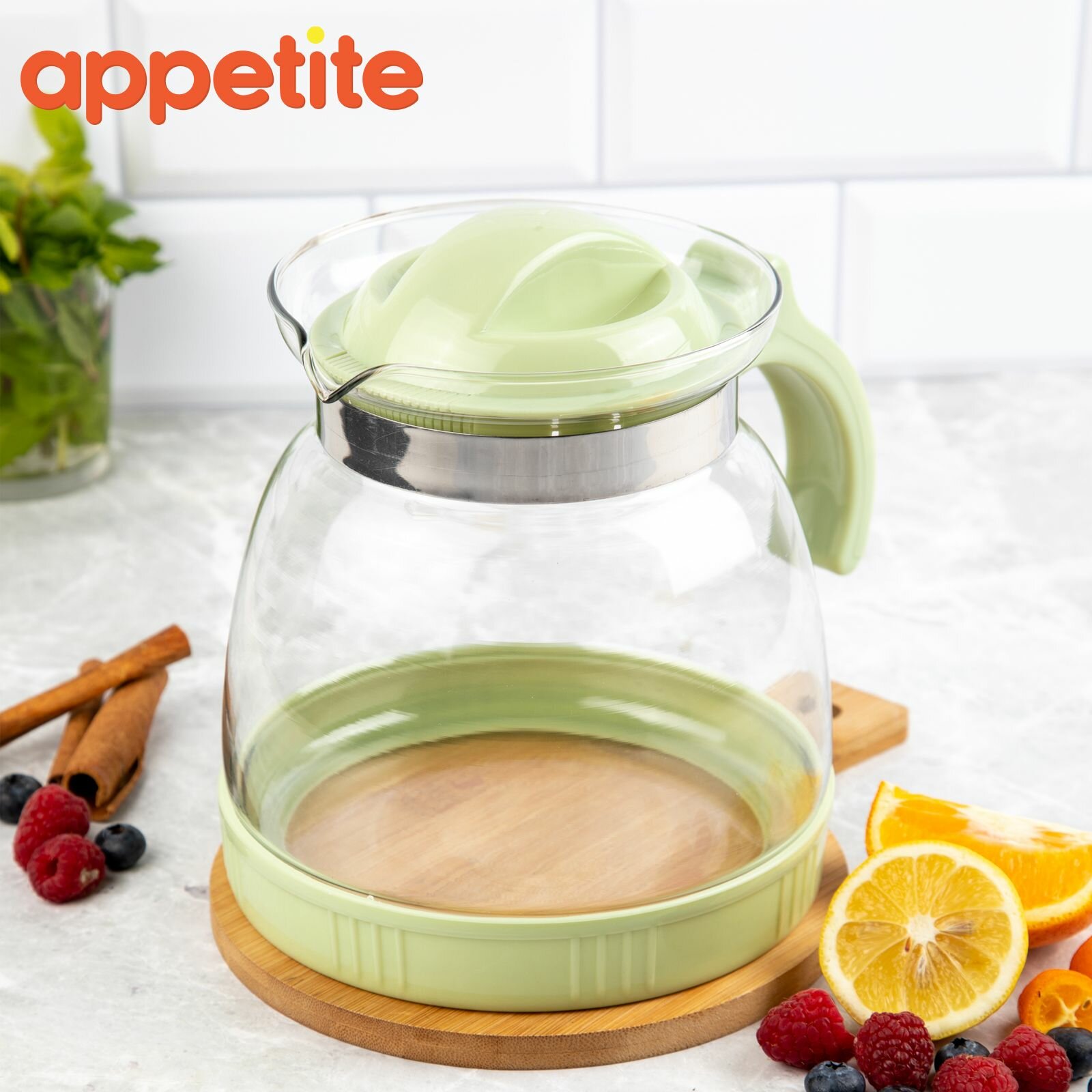 Чайник заварочный Appetite, 1800 мл, боросиликатный, стеклянный, светло-зелёный