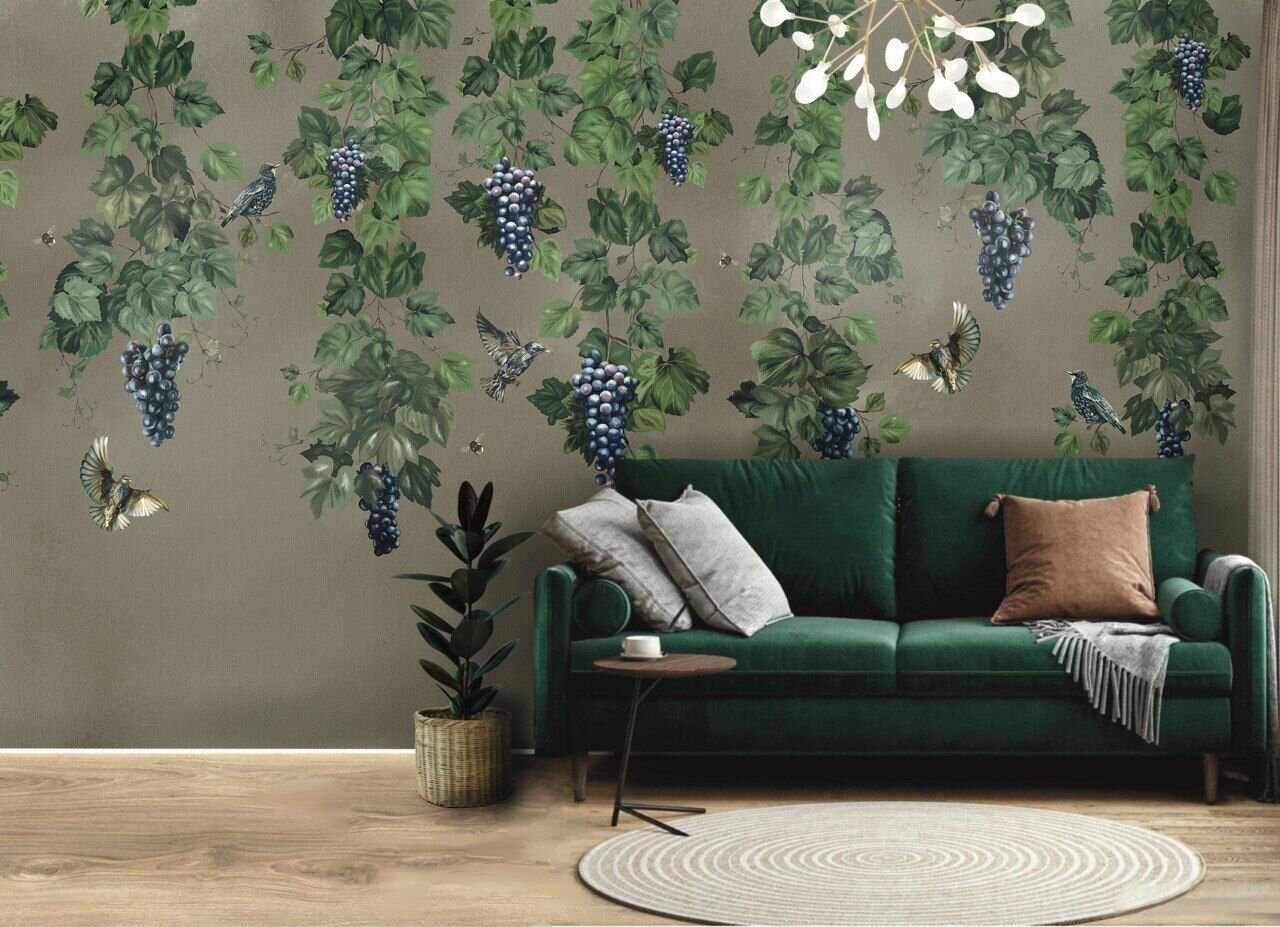 Обои бесшовные Скворцы и виноград бежевый (ширина 2550мм х длина 2500мм)
