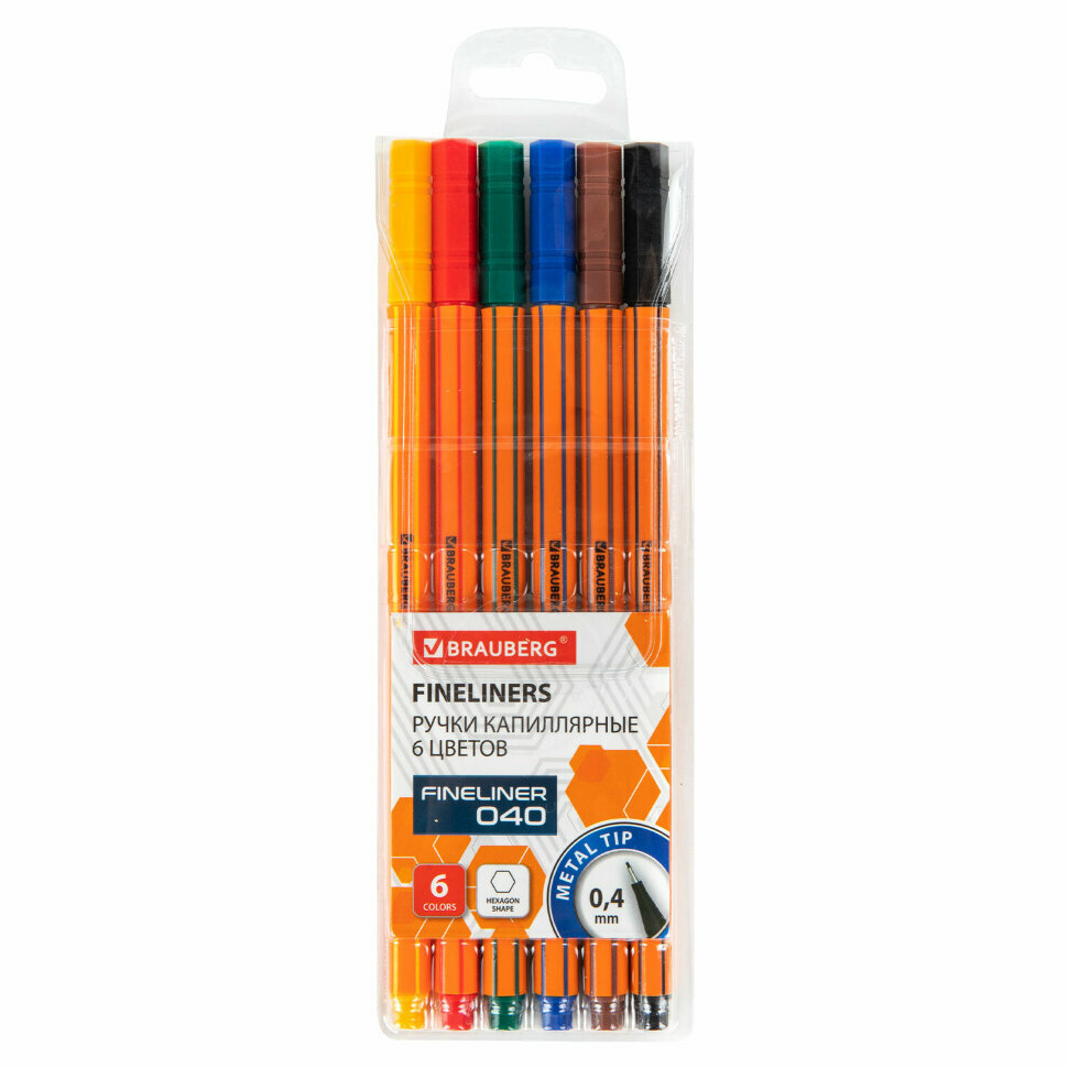 Ручки капиллярные (линеры) 6 цветов, BRAUBERG "FINE 040", шестигранные, линия 0,4 мм, 144141, 144141