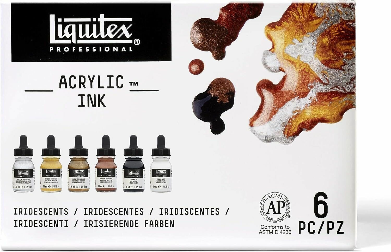 Акриловые чернила, быстро сохнет, не двигается после высыхания, 6 цветов, 30мл -JU