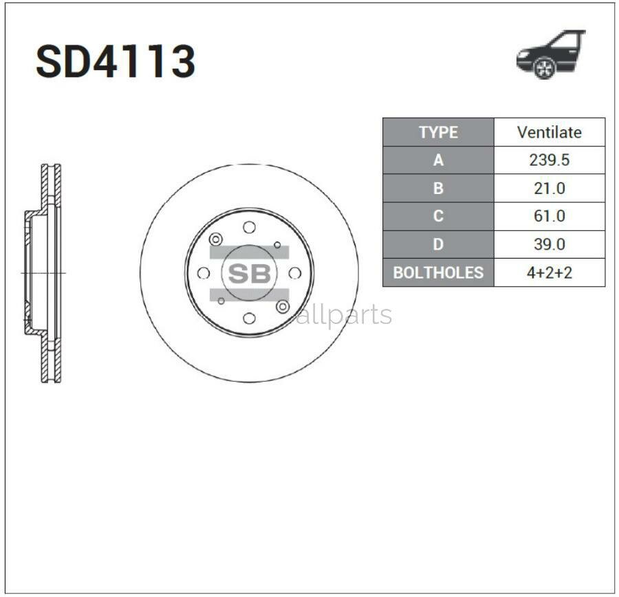 SANGSIN BRAKE SD4113 Диск тормозной HONDA JAZZ 1.2-1.4 02-/LOGO 1.3 99-02 передний вент. D 240мм.