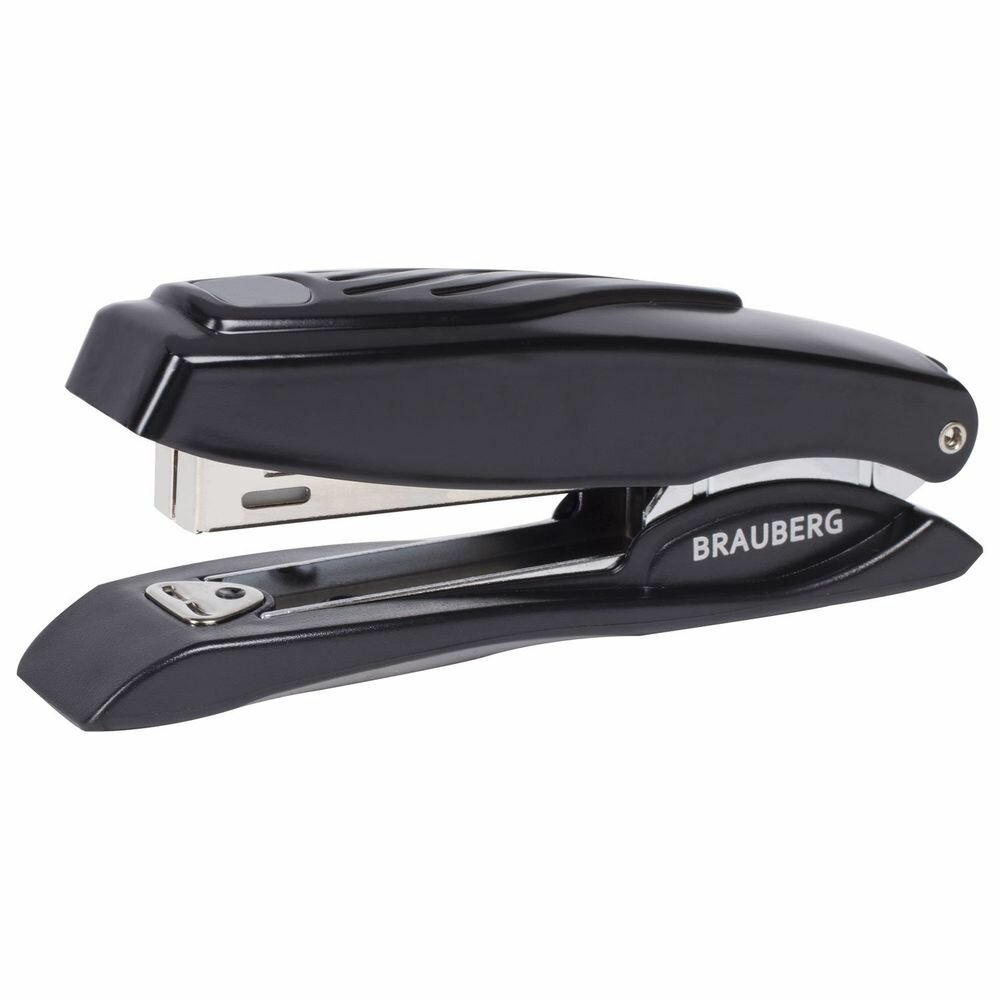 Степлер №10 металлический BRAUBERG "ST-200M", до 16 листов, с резиновой накладкой и антистеплером, черный