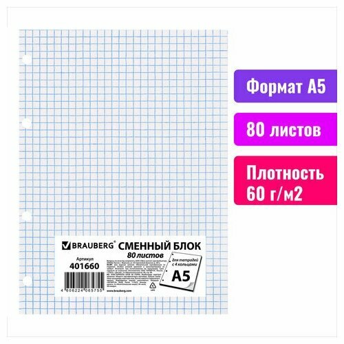 Сменный блок для тетради на кольцах А5 80л. BRAUBERG, Белый, 401660