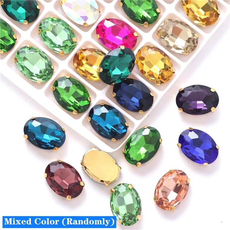 Стразы овальные изумрудные с золотым когтем, 13x18 мм, 20шт, Mix Colors