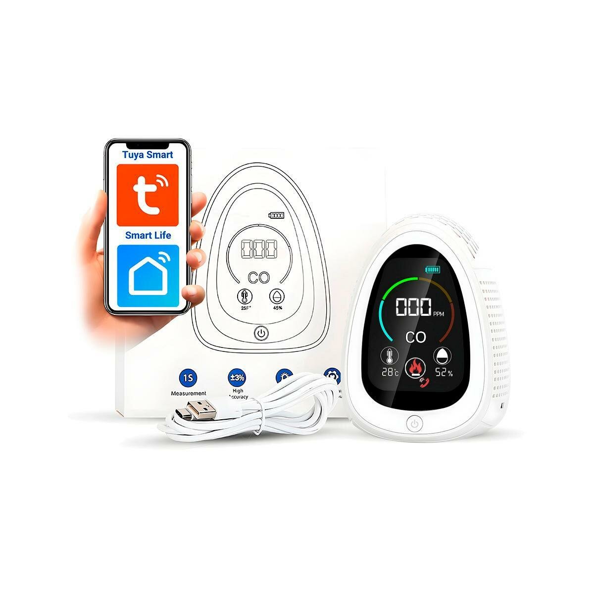 Универсальный автономный датчик Tuya Вай-Фай детектор-сигнализация 4 в 1 Модель: HT-03/41 WT: угарный газ, влажность, температура, дым