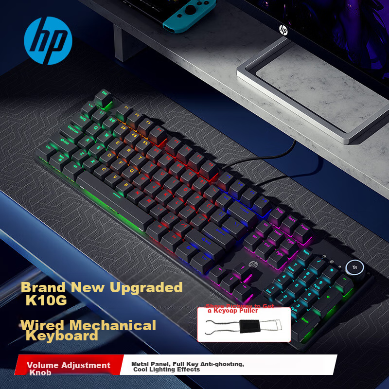 HP K10G-104 Black Mixed Light Blue Switch Mechanical Keyboard Wired Gaming Keyboard for Esports, Internet Cafes, PUBG Metal Panel Full Anti-Ghosting Hot-Swappable