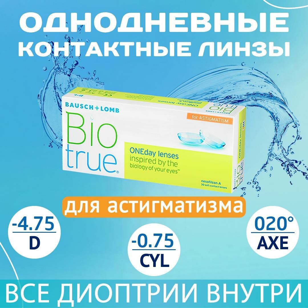 Астигматические линзы Biotrue ONEday for Astigmatism D-4.75, CYL-0.75, AXE 20°, R 8.4, однодневные, 30 шт.