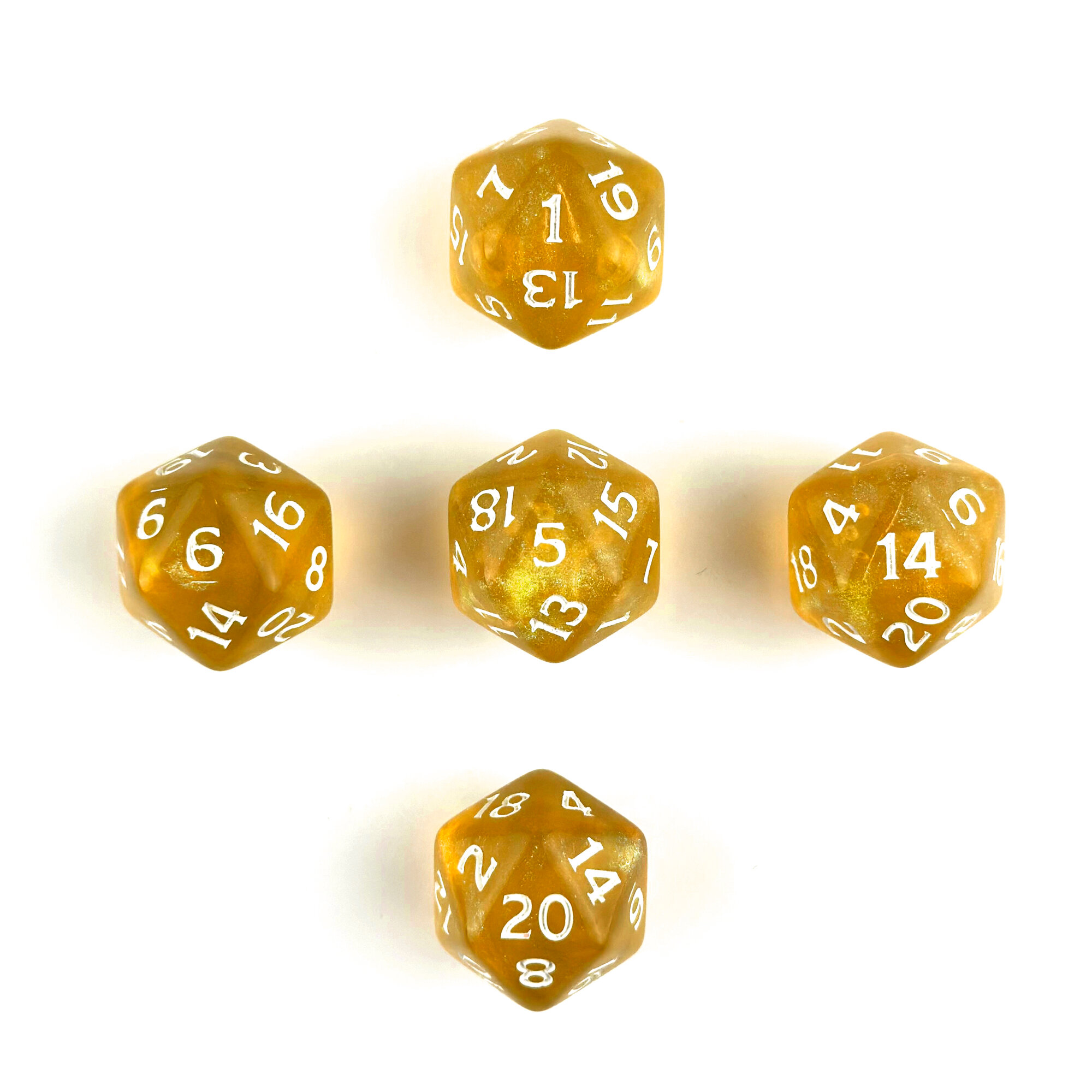 Кубик двадцатигранный желтый прозрачный (D20) для настольных и ролевых игр, набор 5 штук