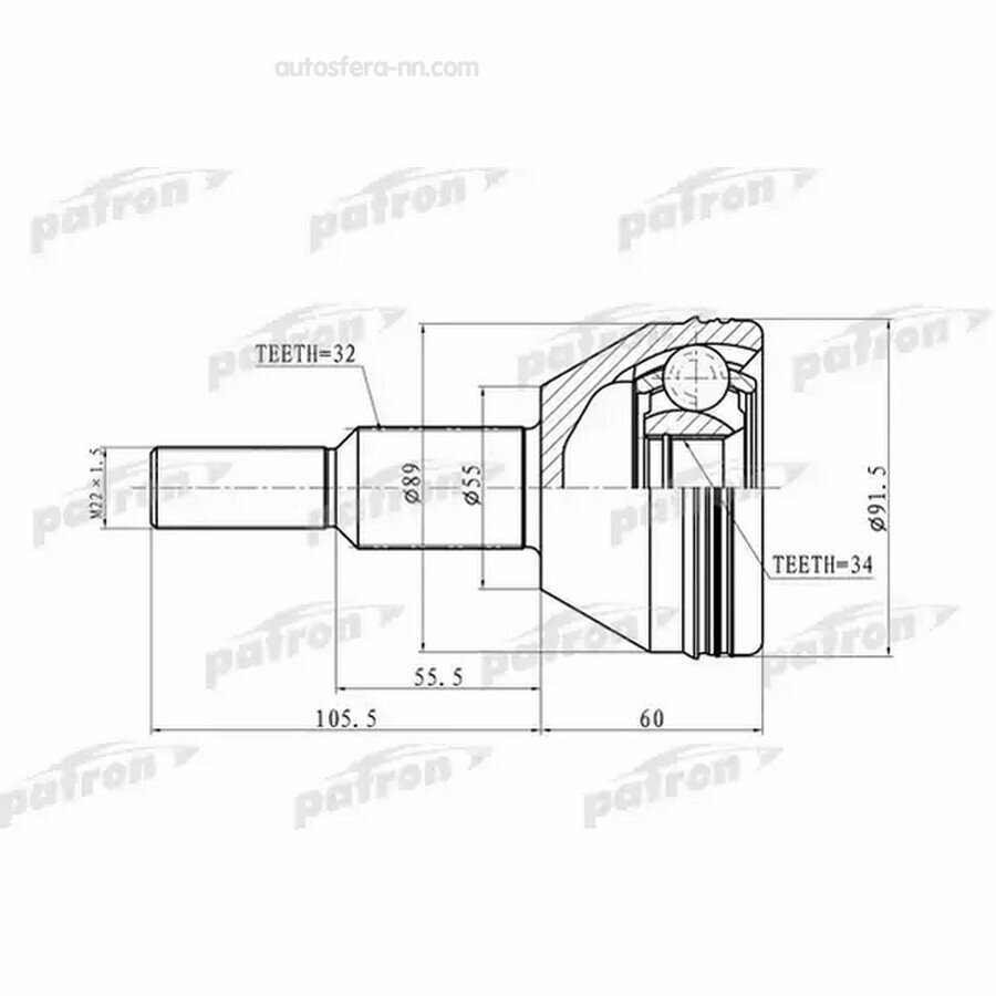 PATRON PCV6908 ШРУС наружн 32x55x34 CHRYSLER: PACIFICA 07-08 , TOWN & COUNTRY 08-09 \ DODGE: GRAND CARAVAN 08-09