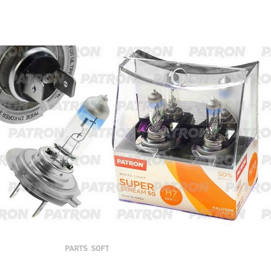 Комплект галогенных ламп коробка 2шт H7 12V 55W 3400K PX26d Super Stream 50 (+50% яркости, стандартный свет, +20м светового потока) Сделано в Корее PATRON PLH7-12/55-SSB2 | цена за 1 шт