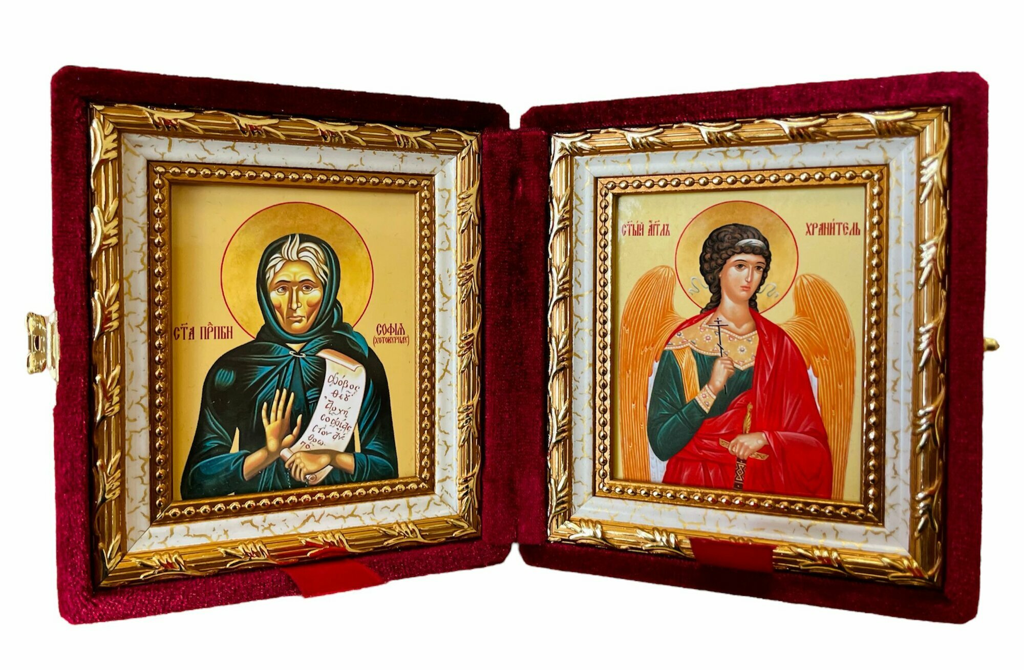 Икона Складень София (Софья), Хотокуриду, Преподобная и Ангел Хранитель в бархатном футляре, 10х11 см