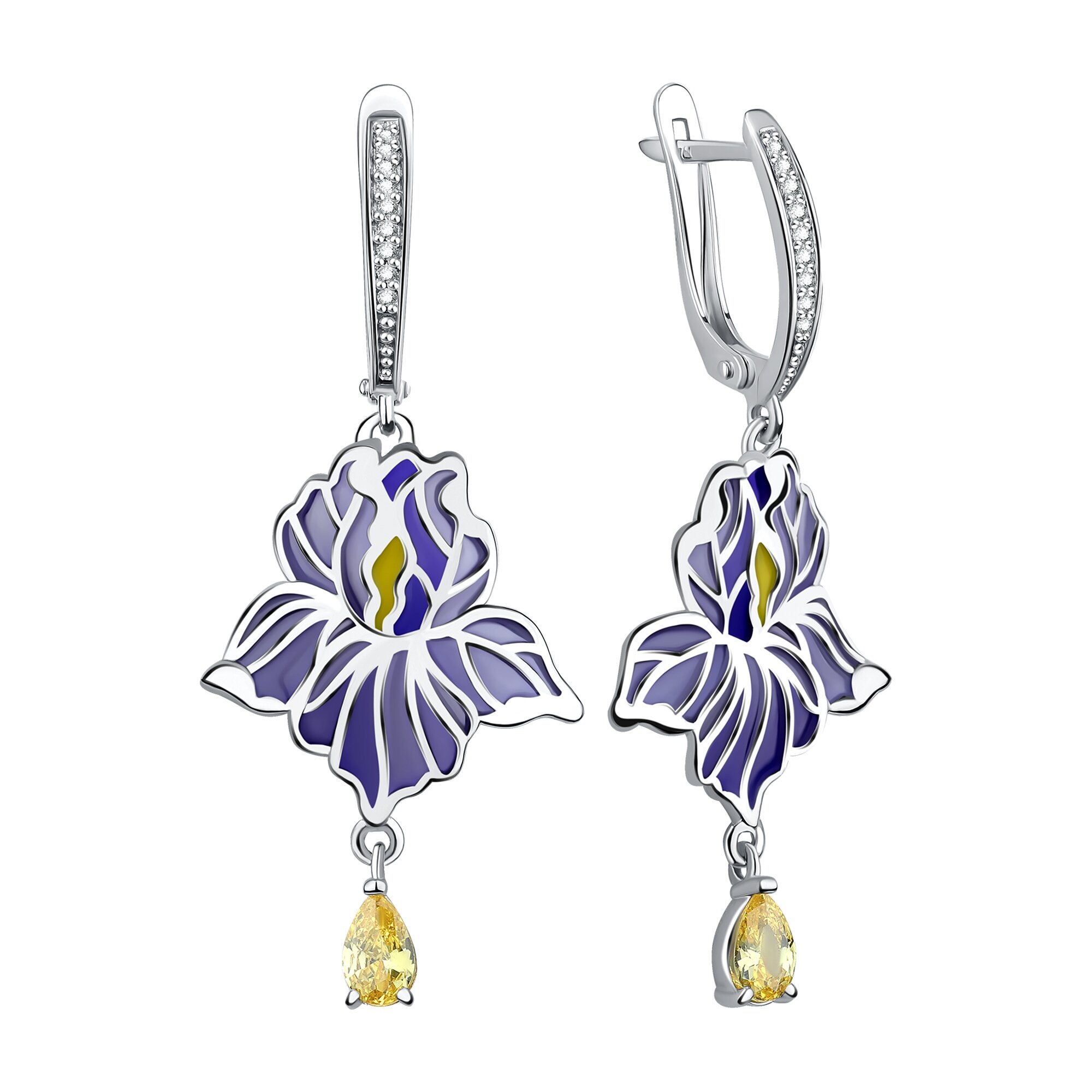 Серьги, серебро, 925 проба, родирование, эмаль, фианит