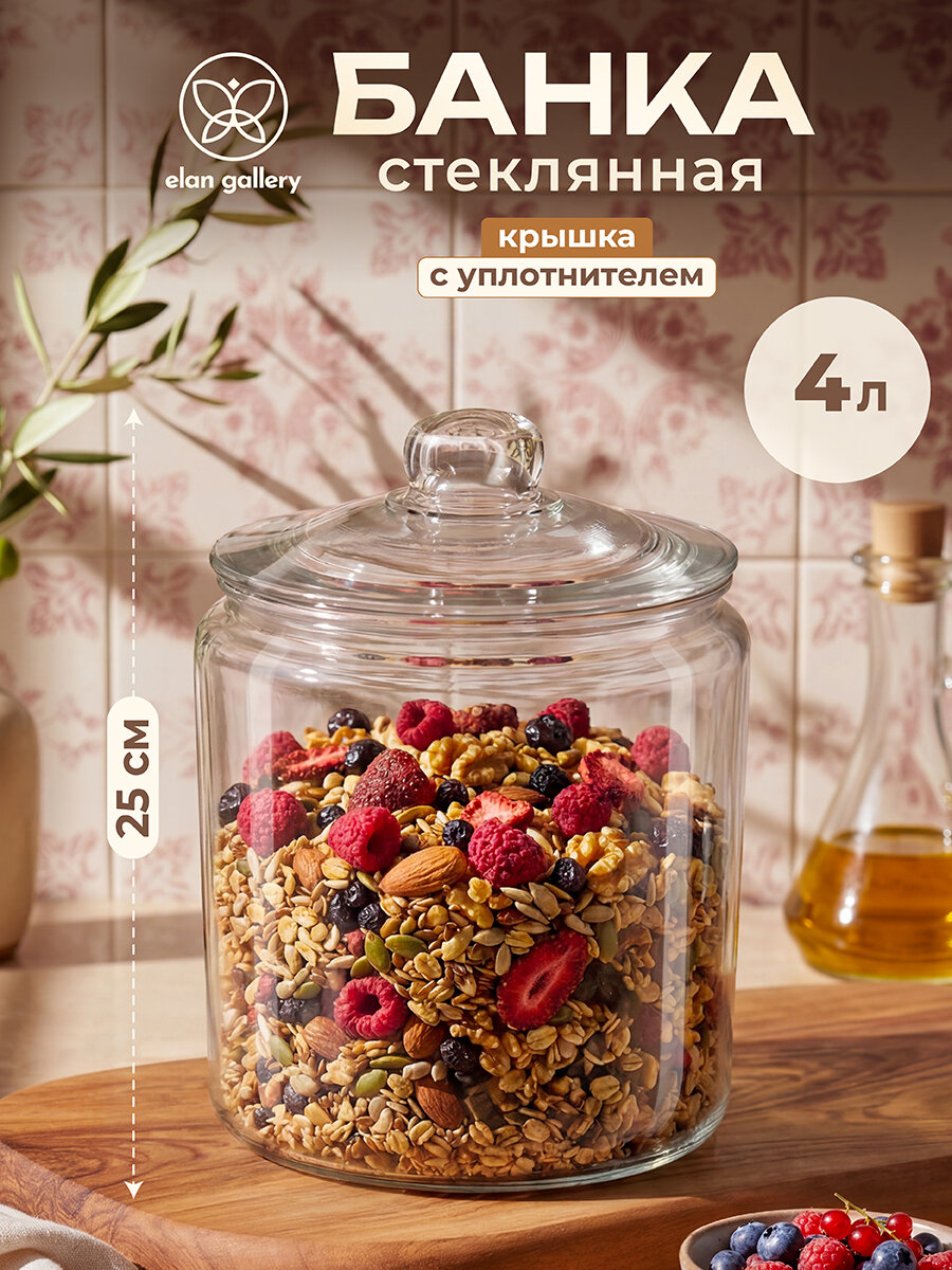 Банка для хранения сыпучих продуктов, печенья, чая, кофе 4 л Elan Gallery, с крышкой, с силиконовым уплотнителем, стекло