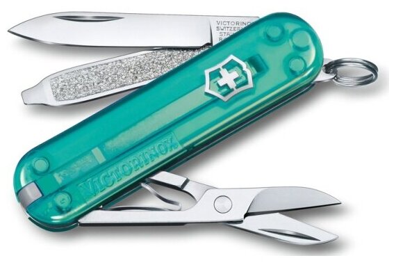 Нож-брелок Victorinox Classic SD Colors Tropical Surf, 58 мм, 7 функций, полупрозрачный бирюзовый