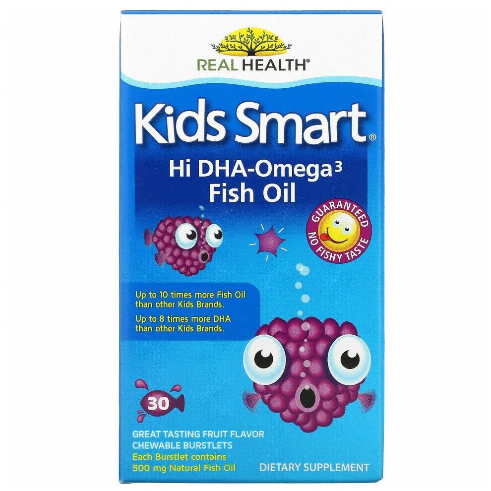 Bioglan, Kids Smart, рыбий жир с высоким содержанием омега-3 и ДГК, фруктовый вкус, 30 жев. капсул, лопающихся во рту
