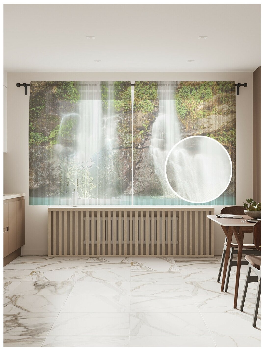 Тюль для кухни и спальни JoyArty "Двойной водопад", 2 полотна со шторной лентой шириной по 145 см, высота 180 см.