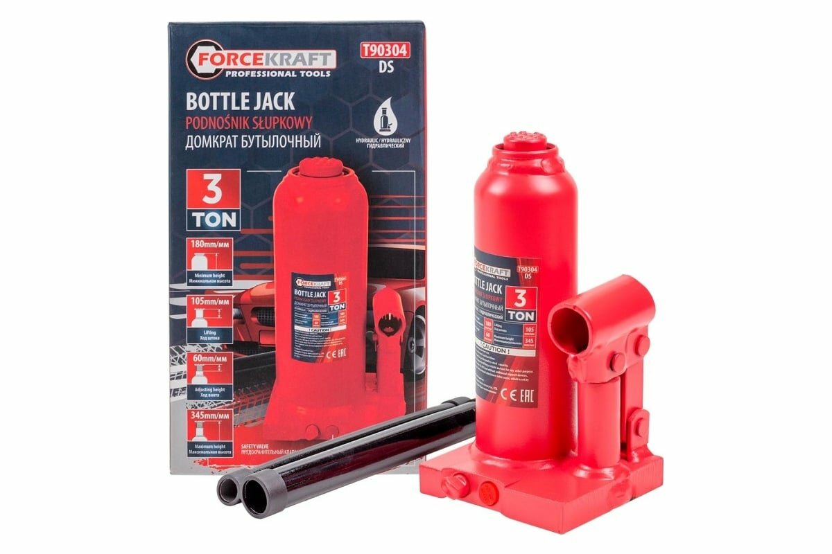 Forcekraft Домкрат гидравлический бутылочный, 3 тонны с предохранительным клапаном, минимальная высота: 180 мм, ход штока: 105 мм, ход винта: 60 мм FK-T90304/DS/(26571)