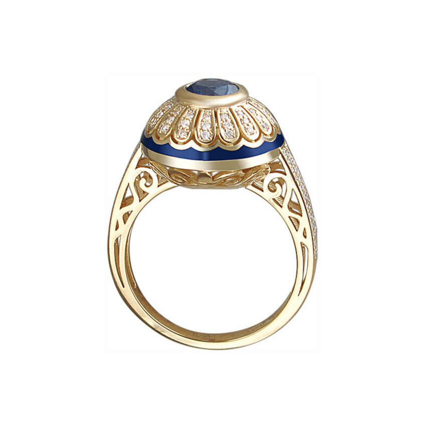 Кольцо, желтое золото, 750 проба, танзанит, бриллиант, эмаль