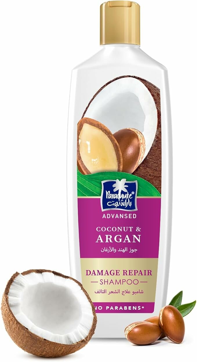 Coconut & Argan Shampoo DAMAGE REPAIR, Parachute (восстанавливающий шампунь с кокосом и арганой, без парабенов, Парашют), 340 мл.