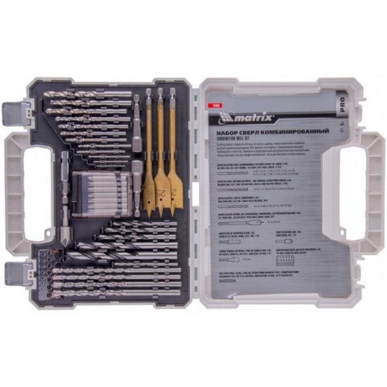 Набор принадлежностей комбинированный Matrix сверла по металлу 1-6,5 мм, бетону 4-8 мм, дереву 4-10 мм, перья, биты 20 шт, адаптер, головки 2 шт, зенковка, 50 предмет