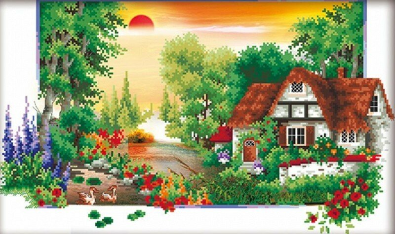 Набор Солнце #F-3081 Домик в деревне 2, Алмазная Мозаика, 56 х 38.5 см