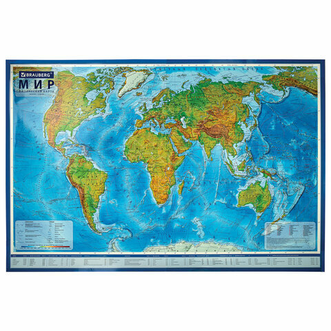Карта мира физическая 199х134 см, 1:15.5М, с ламинацией, интерактивная, в тубусе, BRAUBERG, 112389