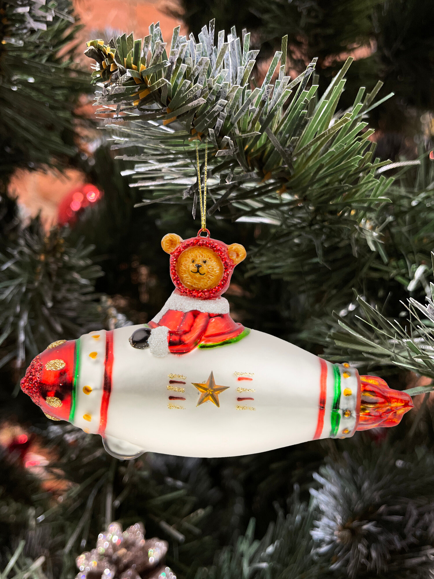 Стеклянная новогодняя елочная игрушка "UltraMarin" 164-LN Медведь в ракете